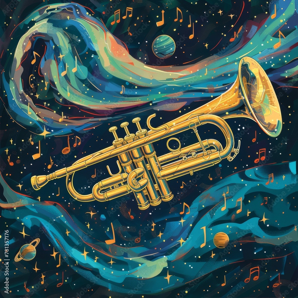 Trumpet, bell shooting out a spiral of stars, music notes floating as ...