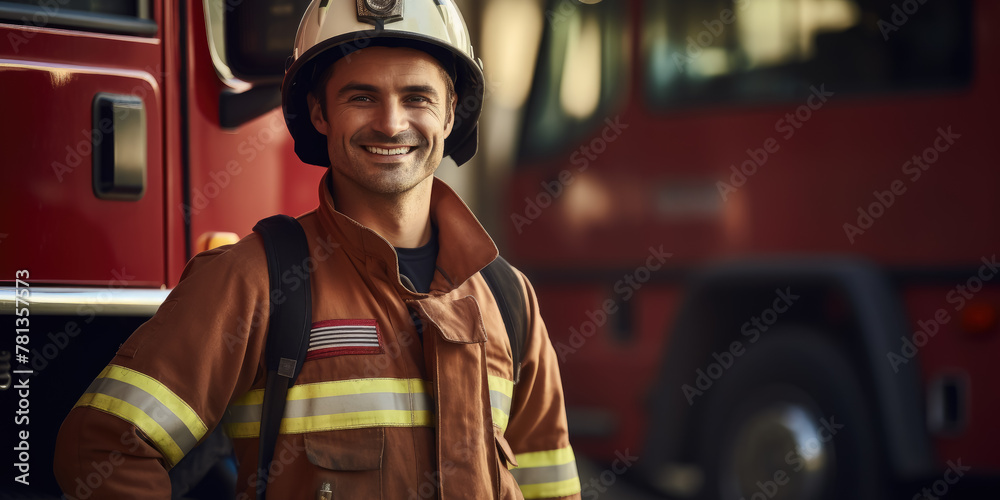 smiling male firefighter in a red uniform and fire helmet against the ...