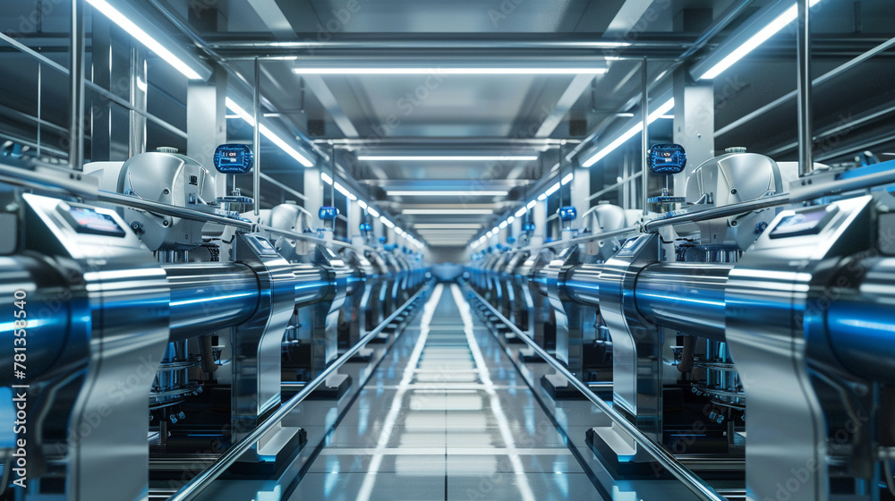 Inside a modern dairy factory, automated milking machines operate ...