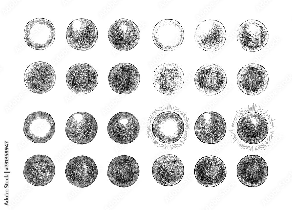Hand drawn shaded spheres. Simple black and white pen and ink doodle ...
