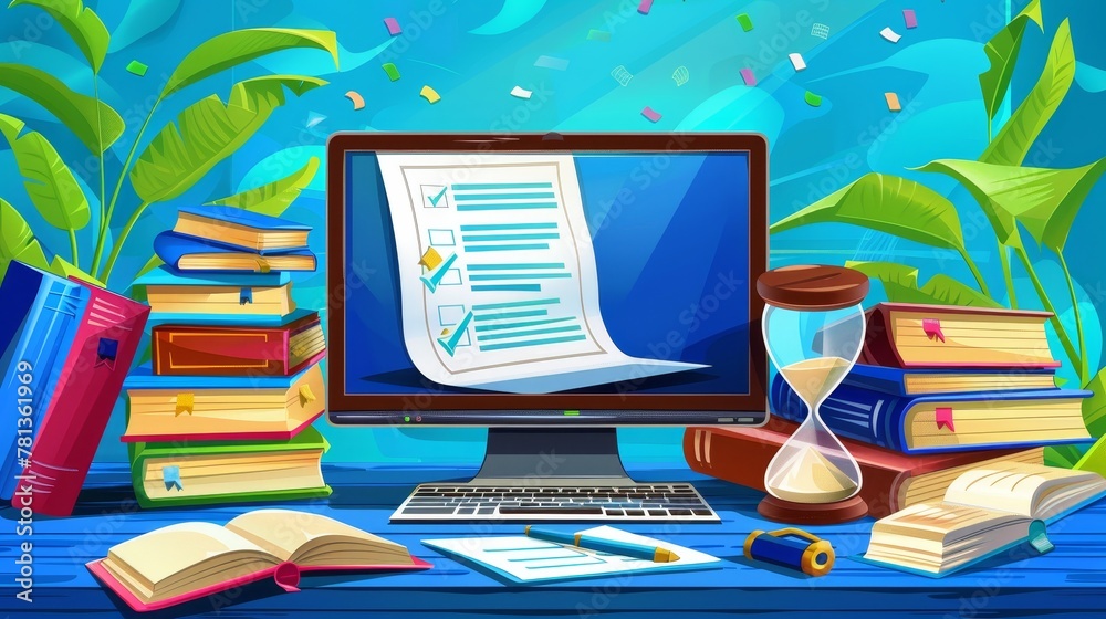 Concept of elearning, examination on a computer. Modern illustration of ...