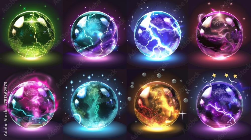Set of modern realistic glass globes, glowing orbs for fortune tellers ...