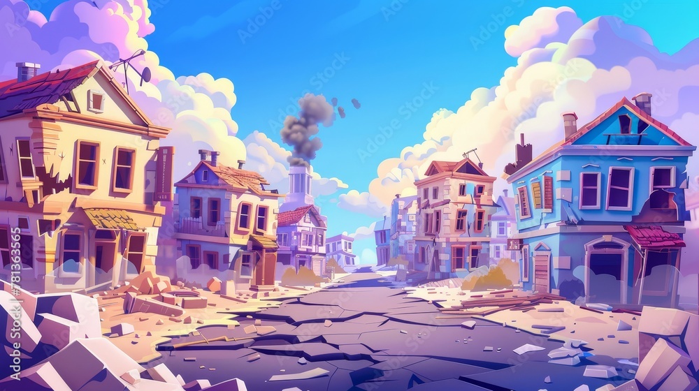 The destroyed ruins of a city street due to war or natural disaster ...