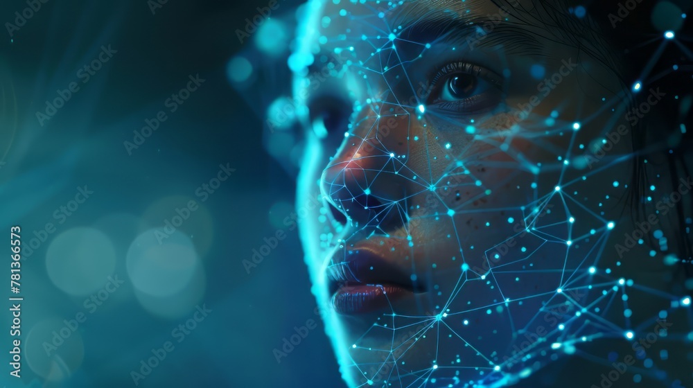 A woman's face is shown in a blue and white color scheme. The image is ...