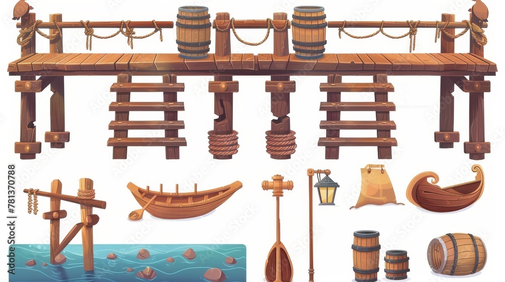 Water surface with boat, pole with lantern, barrel, bags isolated on ...