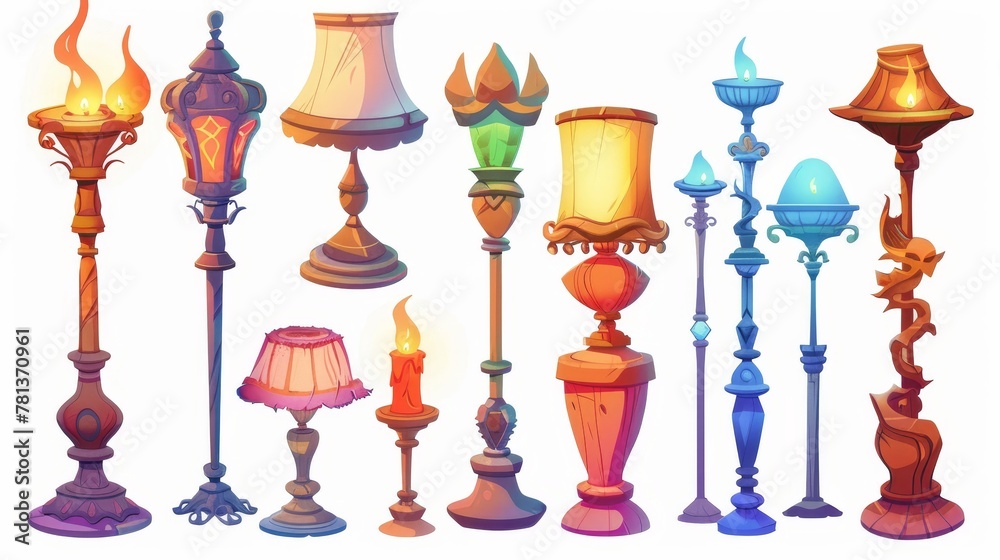 An illustration of a set of cartoon lamps, floor and table torcheres ...
