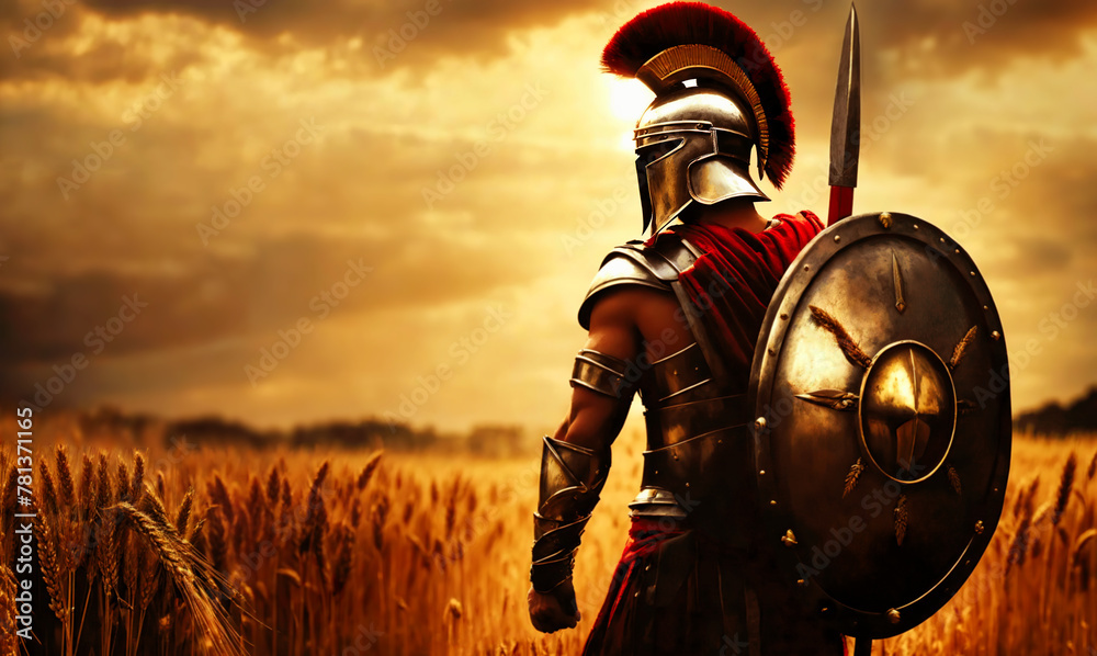 Ancient roman warrior or Gladiator fighting outdoors with shield, sword ...