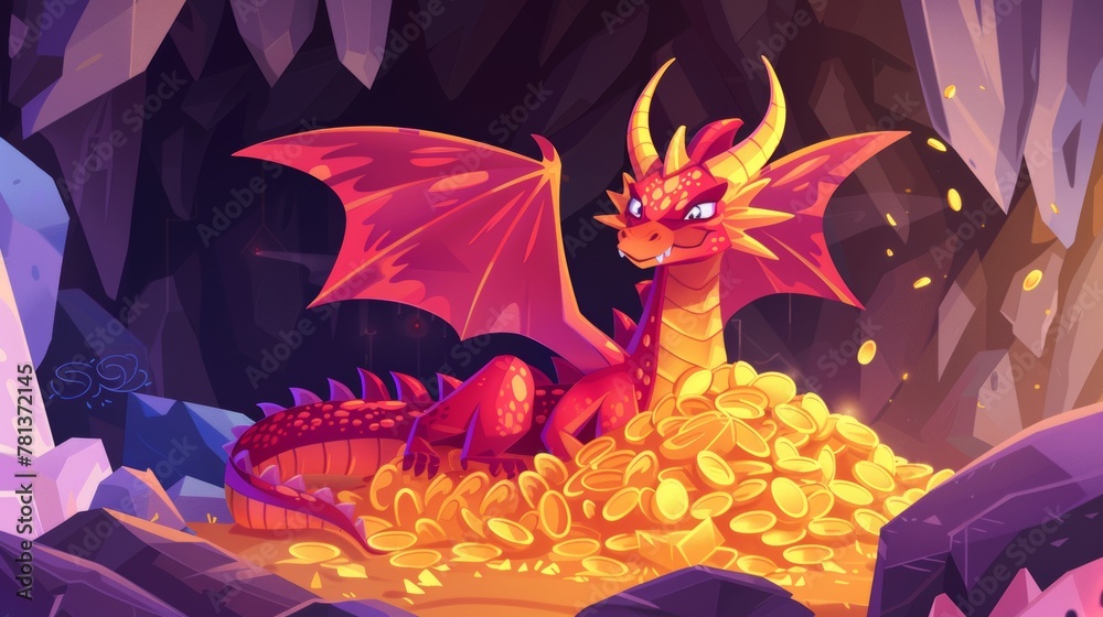 An illustration of a dragon protecting a gold pile in a cave and a ...