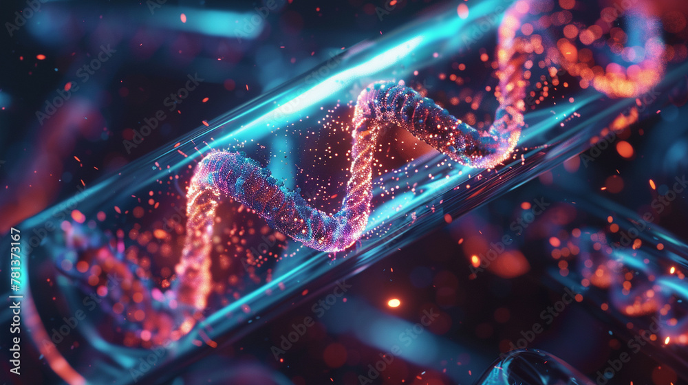 A 3D animation backdrop highlighting a magnified view of DNA strands ...
