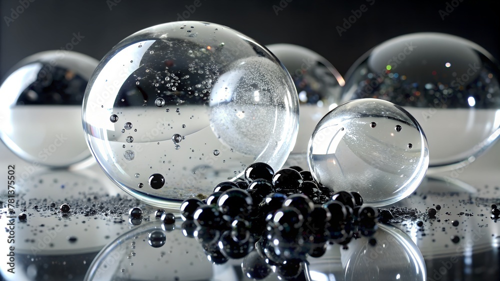 White, gray background. glass clear balls inside with black glitter and ...