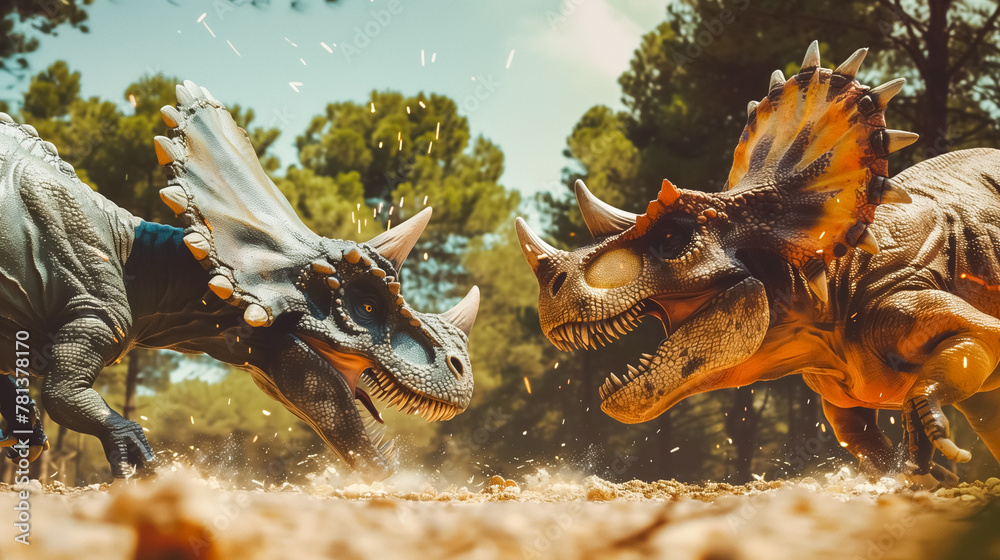 Two dinosaurs in a confrontational stance outdoors, surrounded by lush ...