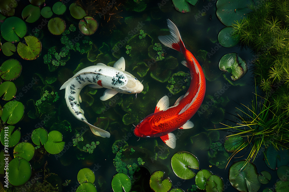 Two red and white koi fish swim in a circle forming a yin and yang ...