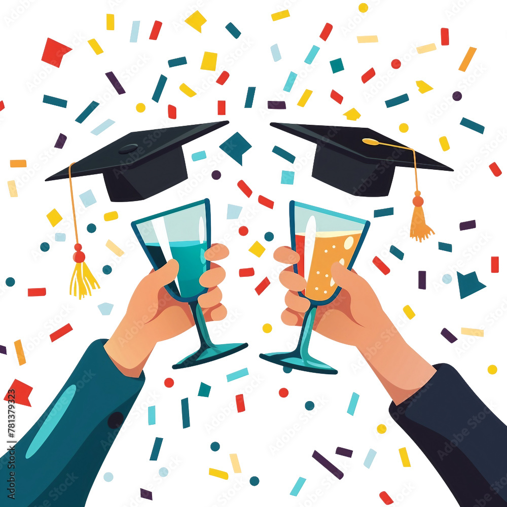 Graduation cheers with two glasses being raised on transparent ...