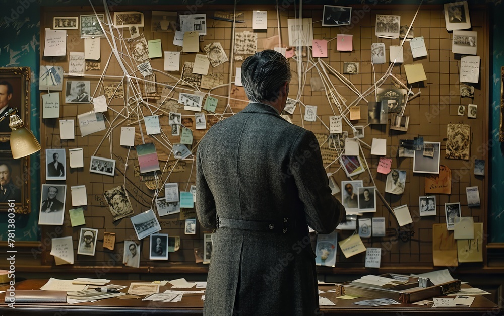 Holmes in his element, piecing together clues on a large corkboard ...