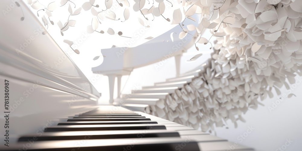 Spiral staircase of piano keys, with music notes floating like petals ...