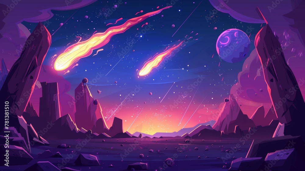 An illustration depicting meteor rain, asteroids, or meteorites falling ...