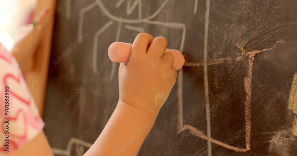 Close-up of little girl hand drawing with chalk on chalkboard. Children ...