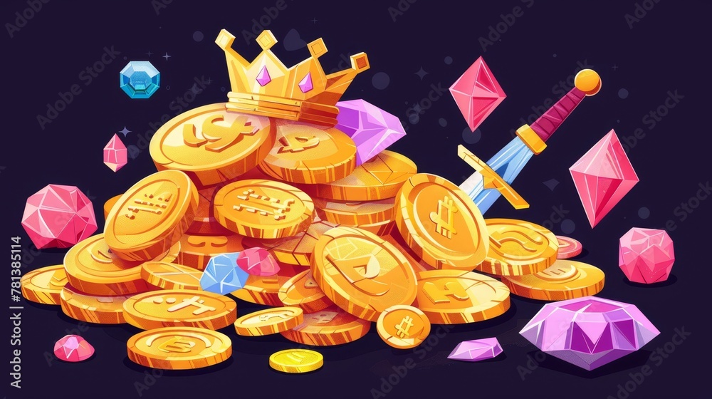 In this modern cartoon illustration of gold coins, diamonds, crowns and ...