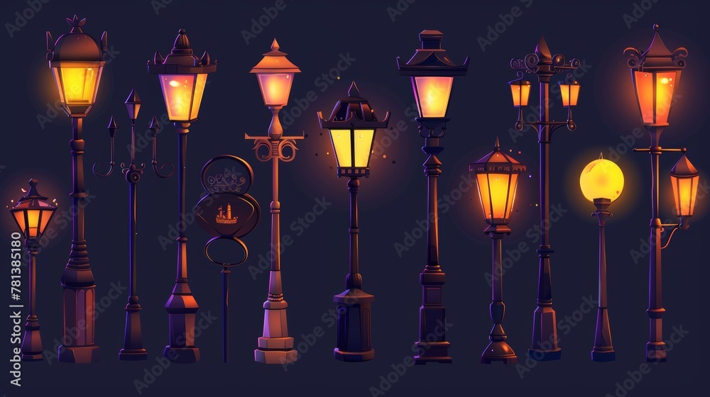 A modern realistic set of street lamps and vintage lanterns on black ...