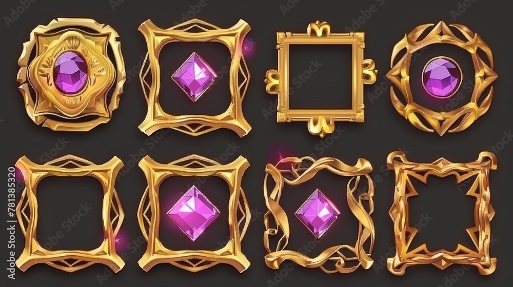 Vintage fantasy golden frames for rpg game UI design. Modern cartoon ...