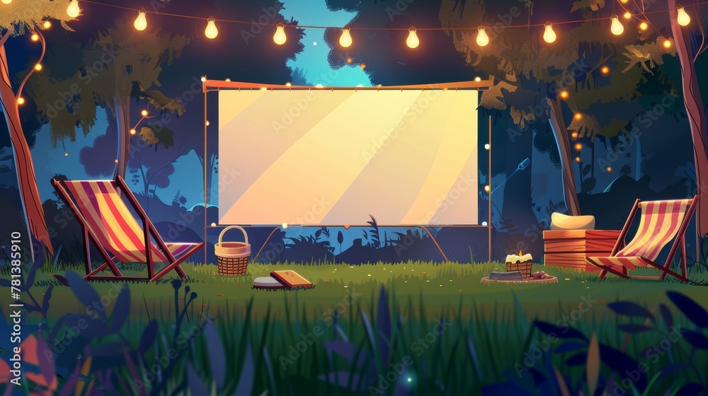 Animated summer landscape with an empty outdoor theater, chaises ...