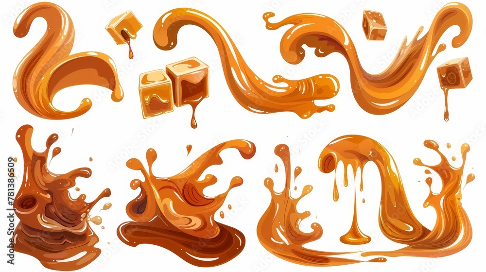 Cartoon set of brown cream, fudge cubes, maple syrup drips in the shape ...