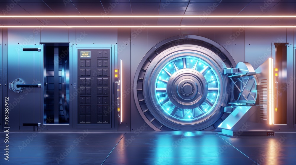 Modern realistic interior of bank vault with open and closed metal safe ...
