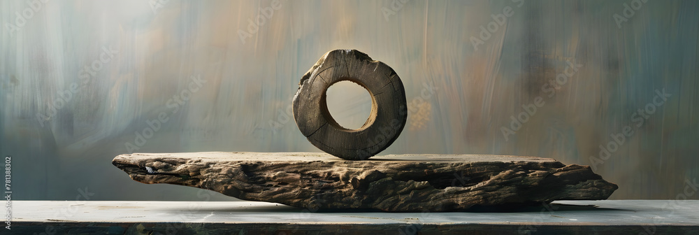 An artistic still life photograph featuring a piece of wood with a ...