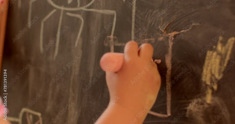 Close-up of little girl hand drawing with chalk on chalkboard. Children ...