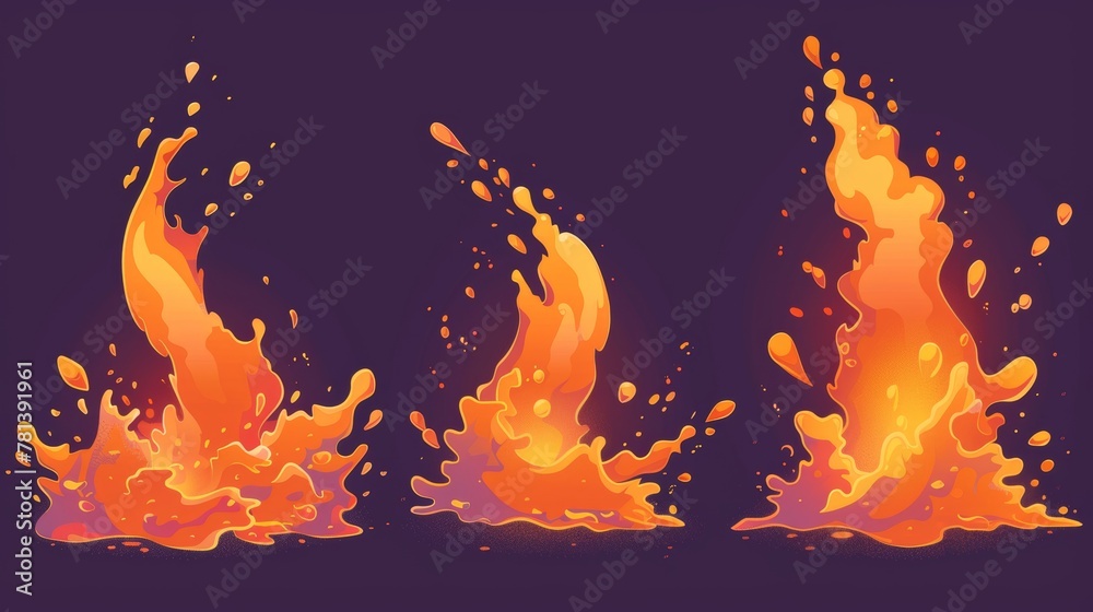 VFX lava splash, footage from video games. Cartoon 2d liquid fire drops ...
