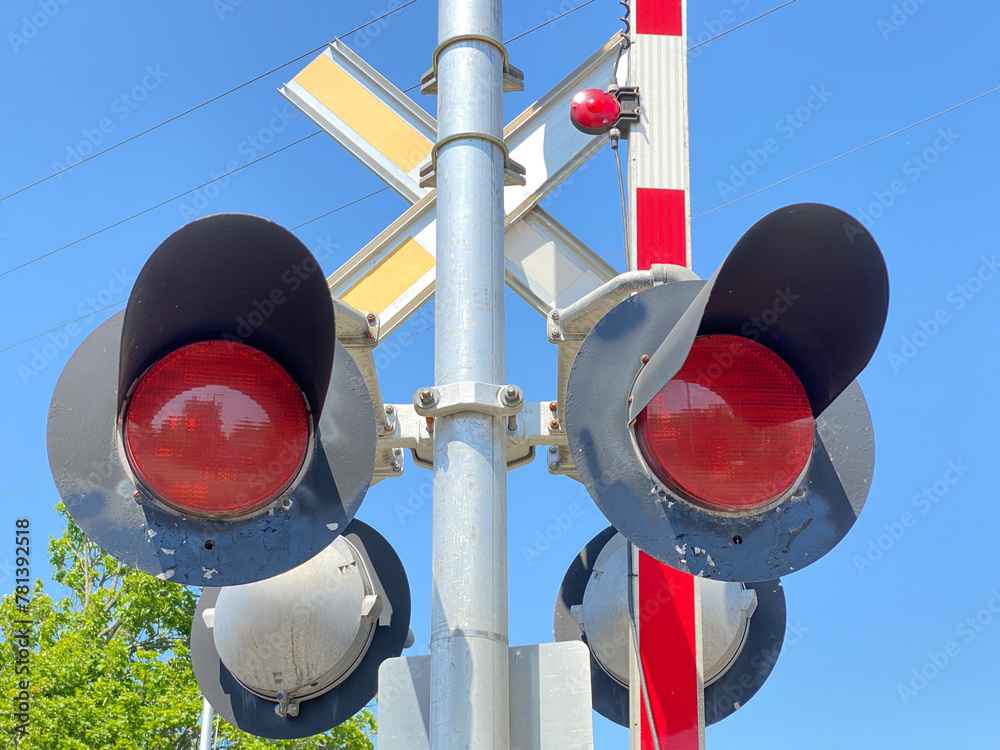 Railroad crossing sign. Train traffic light. Stop sign for track ...