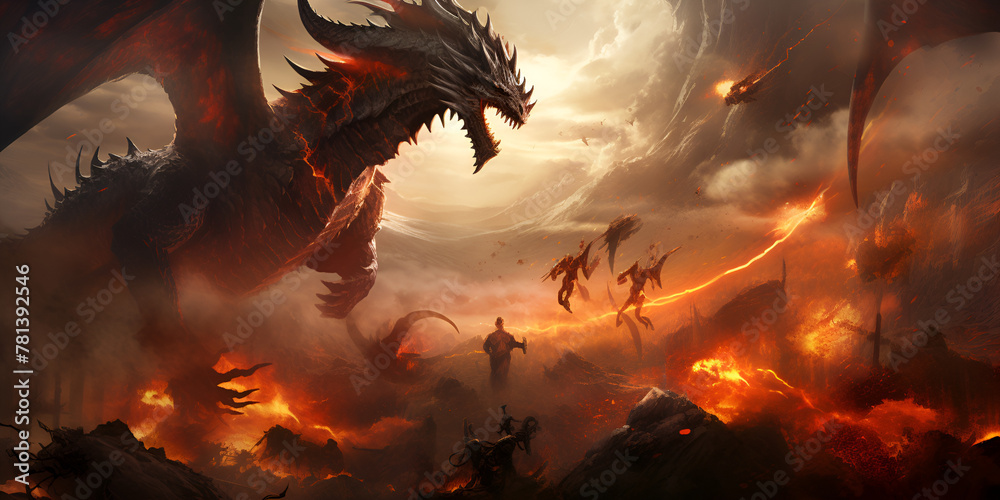dragon in fire ,An epic fantasy illustration featuring a group of ...