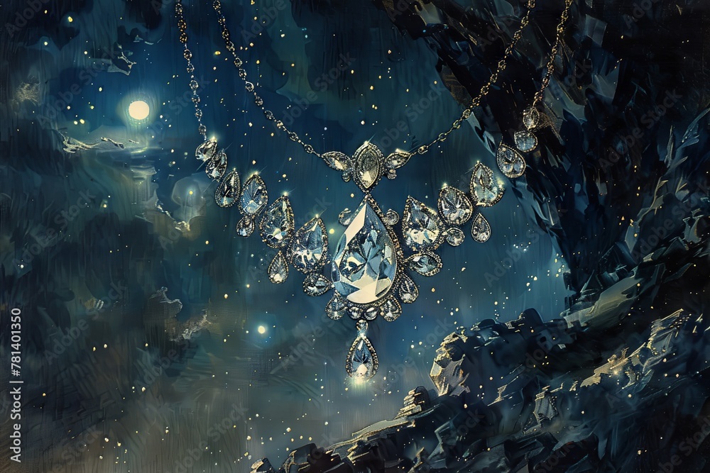 Photo & Art Print A glimmering diamond necklace sparkles in the soft ...