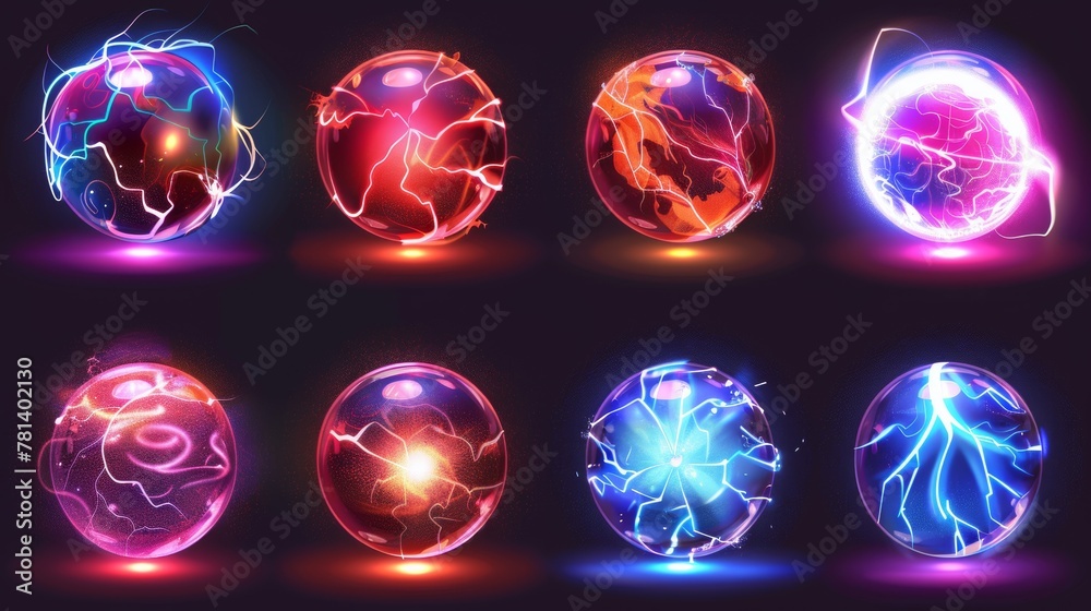 Fantasy globe with luminous plasma. Flashing red and blue electric ...