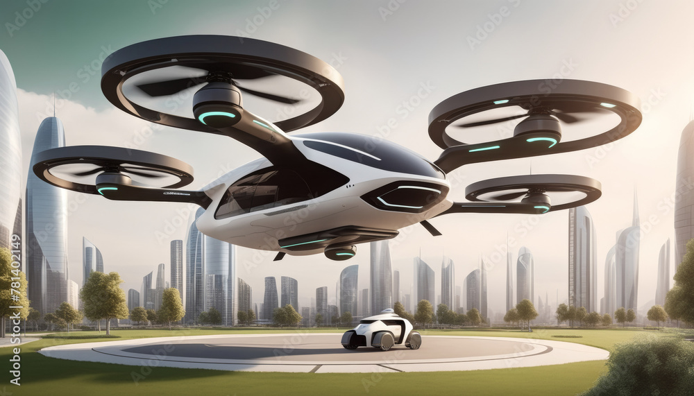 Futuristic VTOL quadcopter lands on the helipad in a city square. New ...