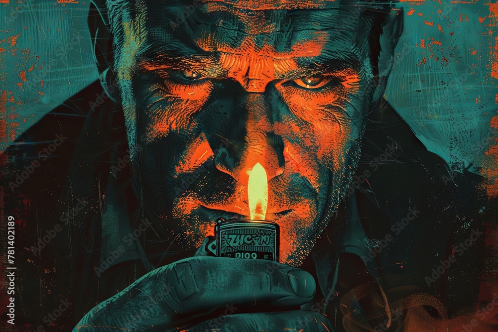 The flickering flame of a lighter casts eerie shadows on the face of a ...