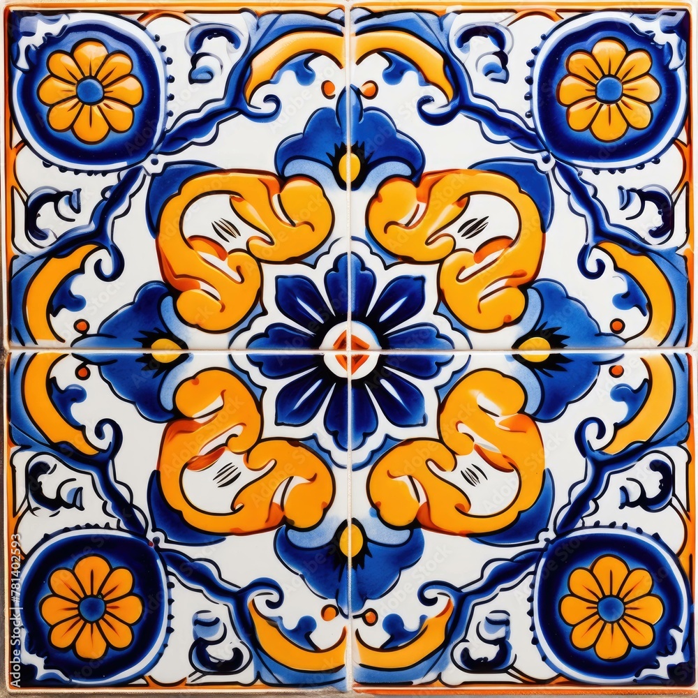 Mexican Talavera Style Tiles with Symmetrical Blue, Yellow, and Orange ...