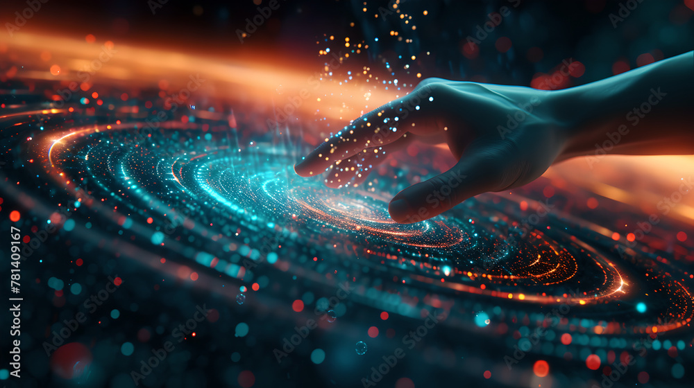 hand fingers touch a spinning vortex hologram display of light and data ...