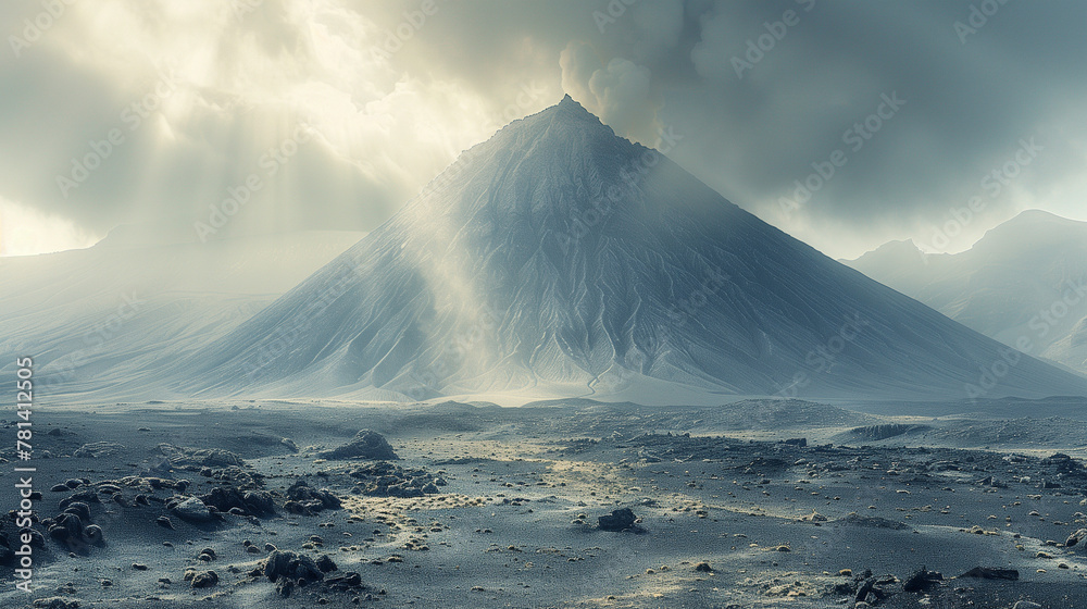 Paysage volcanique avec grand volcan en éruption, coulées effusive de ...