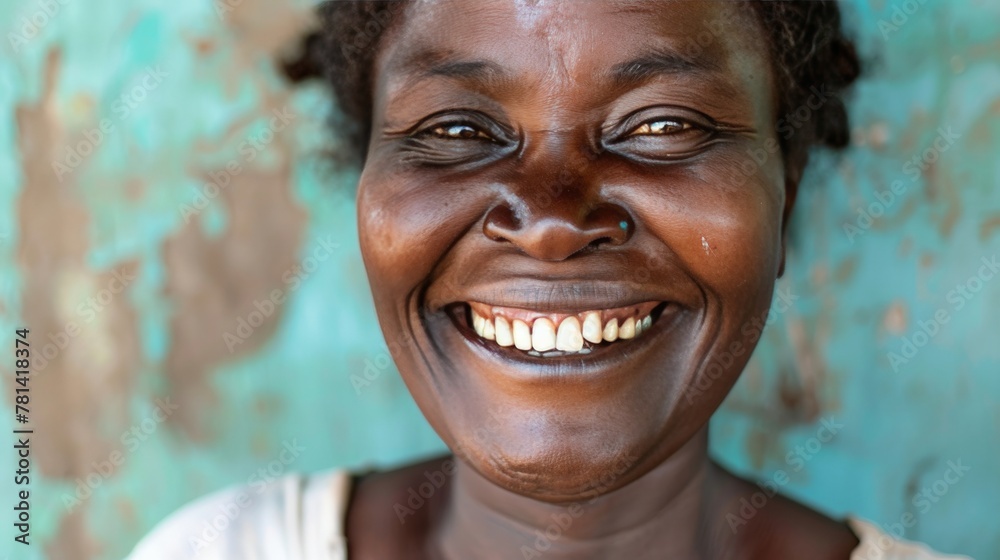 A portrait of a woman with a big smile. Her eyes are crinkled and her ...