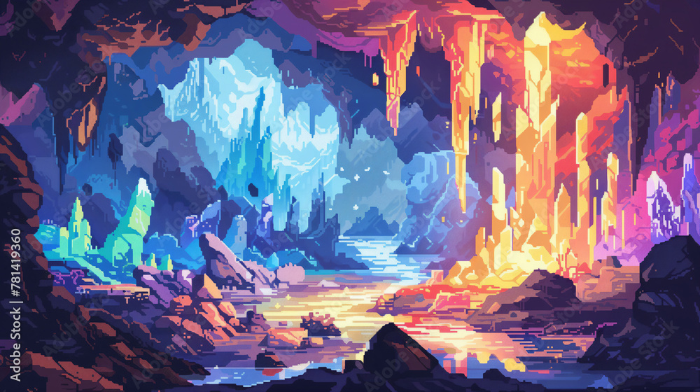 pixel art of rainbow crystal cave dungeon background battle scene in ...