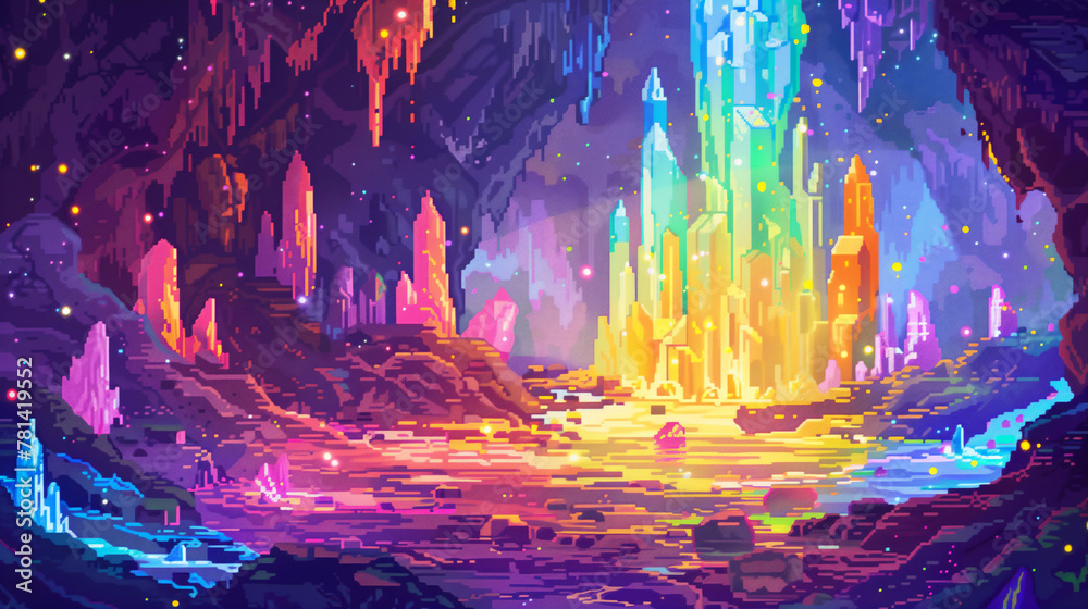 pixel art of rainbow crystal cave dungeon background battle scene in ...