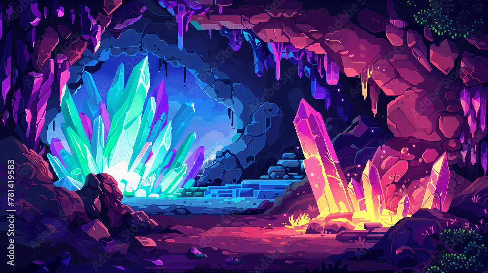 pixel art of rainbow crystal cave dungeon background battle scene in ...