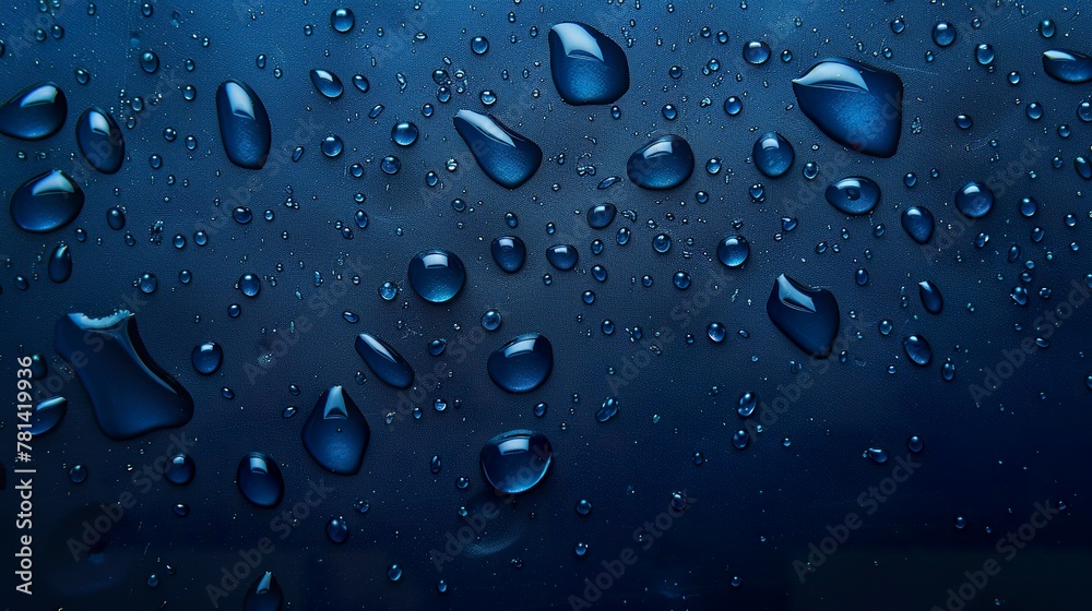 Dark blue background with water drops creating a captivating contrast ...