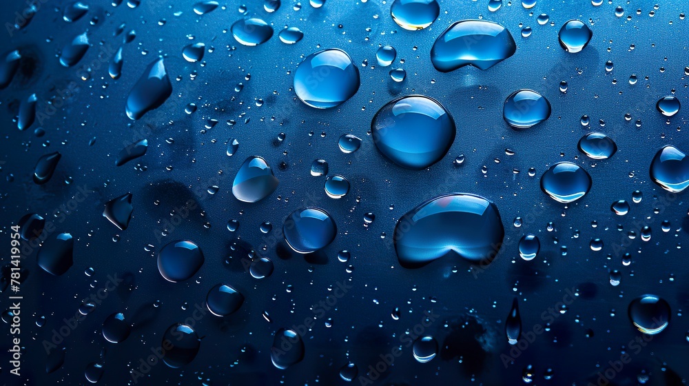 Dark blue background with water drops creating a captivating contrast ...