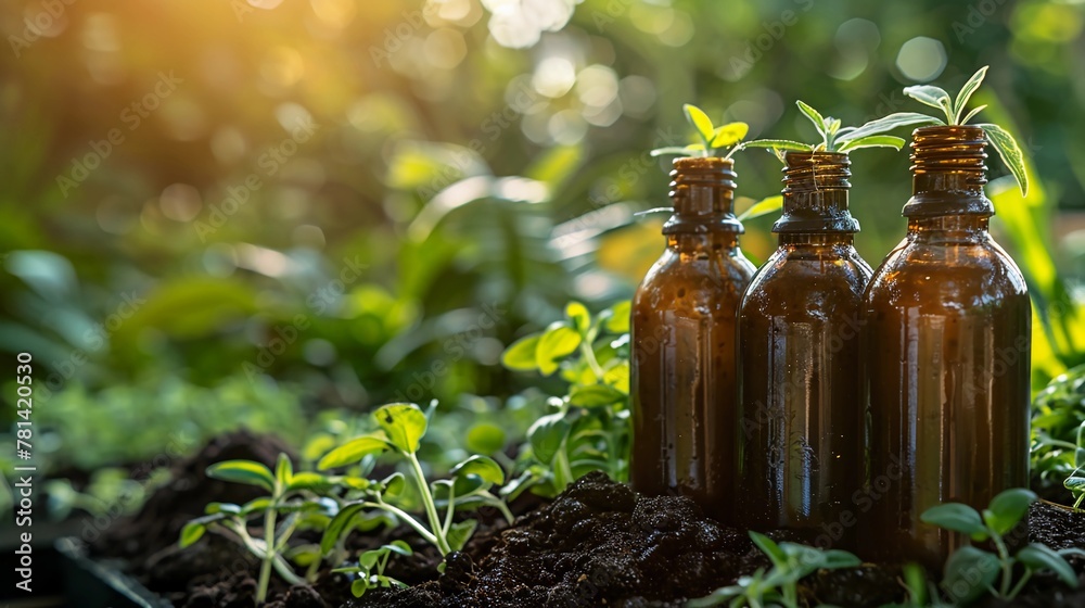 Brown Transparent Glass Bottles Filled with Black Soil in Garden ...