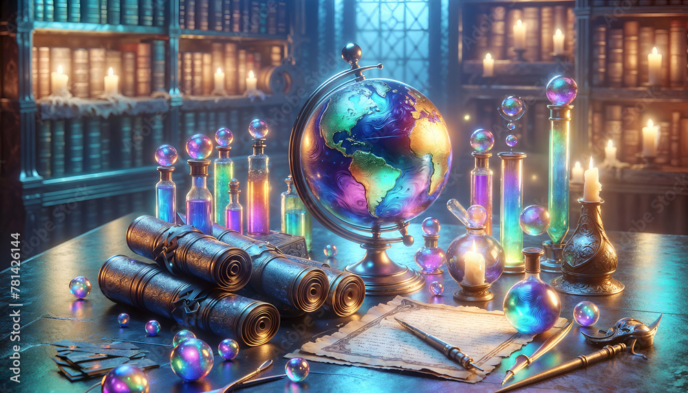 Wizard's Desk with Scrolls and Shimmering Potions under Magical Light ...
