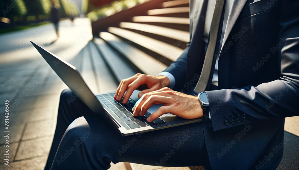 A professional individual sitting outdoors on steps, using a laptop on ...