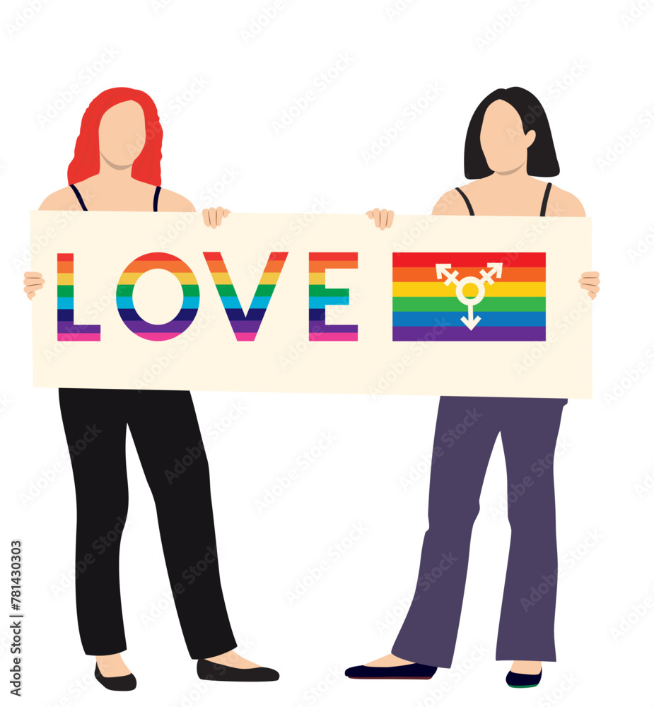 Lesbian couple holding LGTB placard with rainbow and slogan Love is ...
