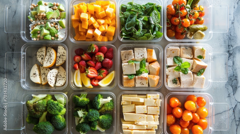 organized and vibrant photo of various healthy foods neatly arranged in ...